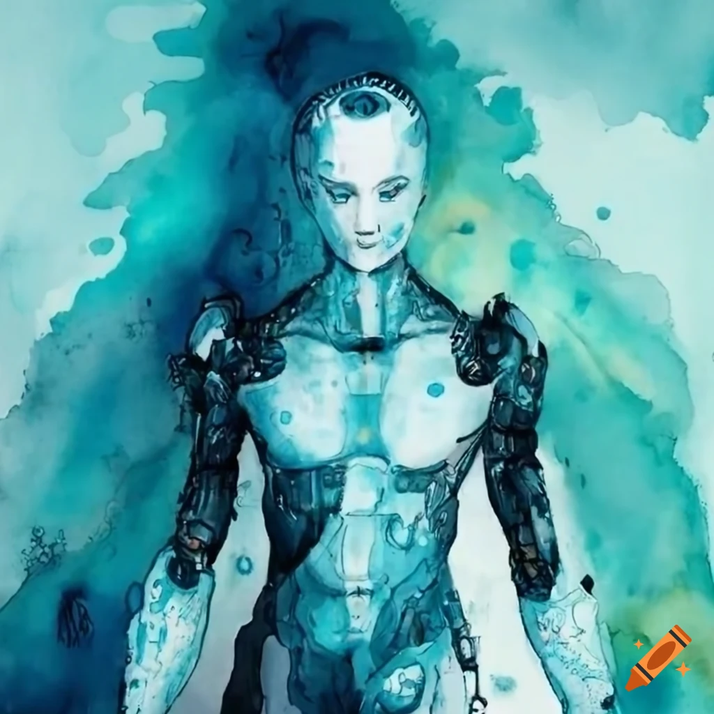 Young man cyborg in high-tech bodysuit amidst a futuristic setting ...