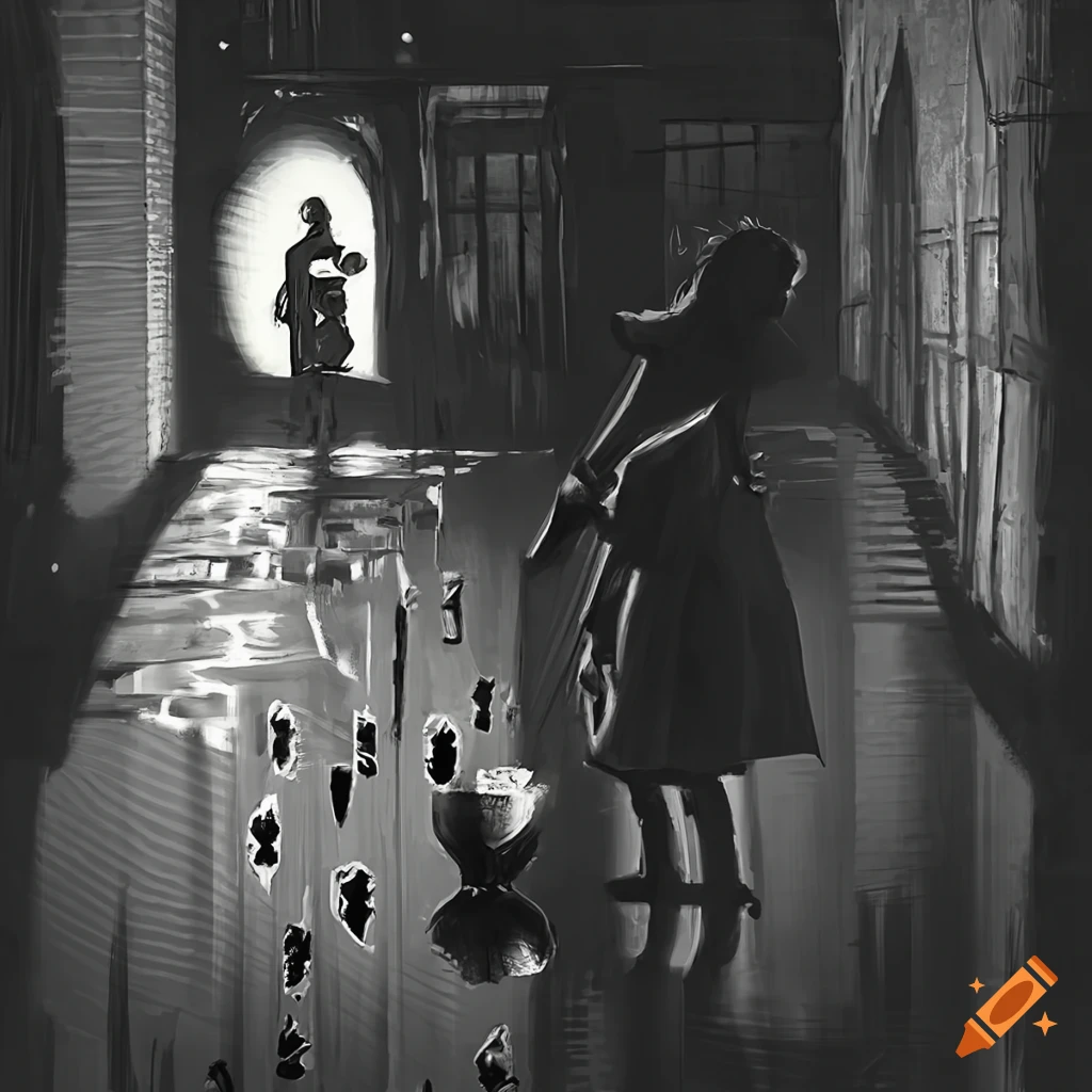 Film noir alleyway with detective and neon signs reflecting on the rain ...