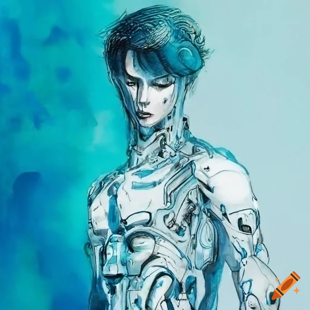 Young man cyborg in futuristic cyan and white bodysuit in a high-tech ...