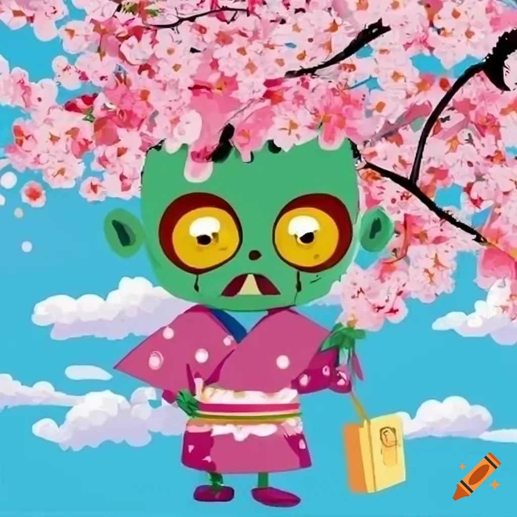 Cute cartoon zombie in traditional Japanese attire with cherry blossoms ...