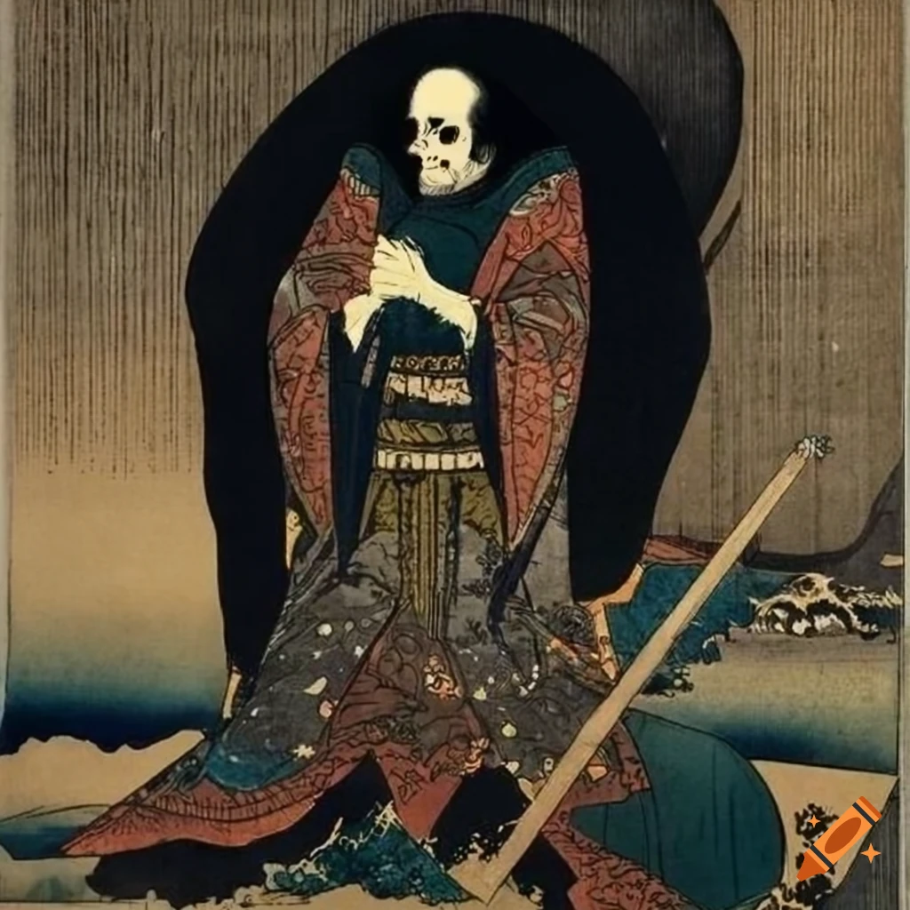 Full-length portrait of a death knight in traditional Japanese art ...