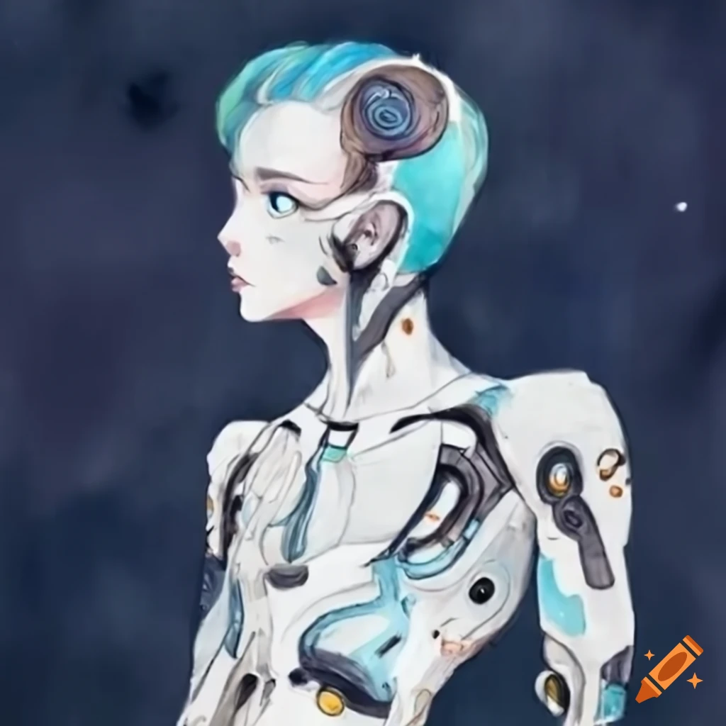 Young man cyborg in a white high-tech bodysuit with light cyan hair ...