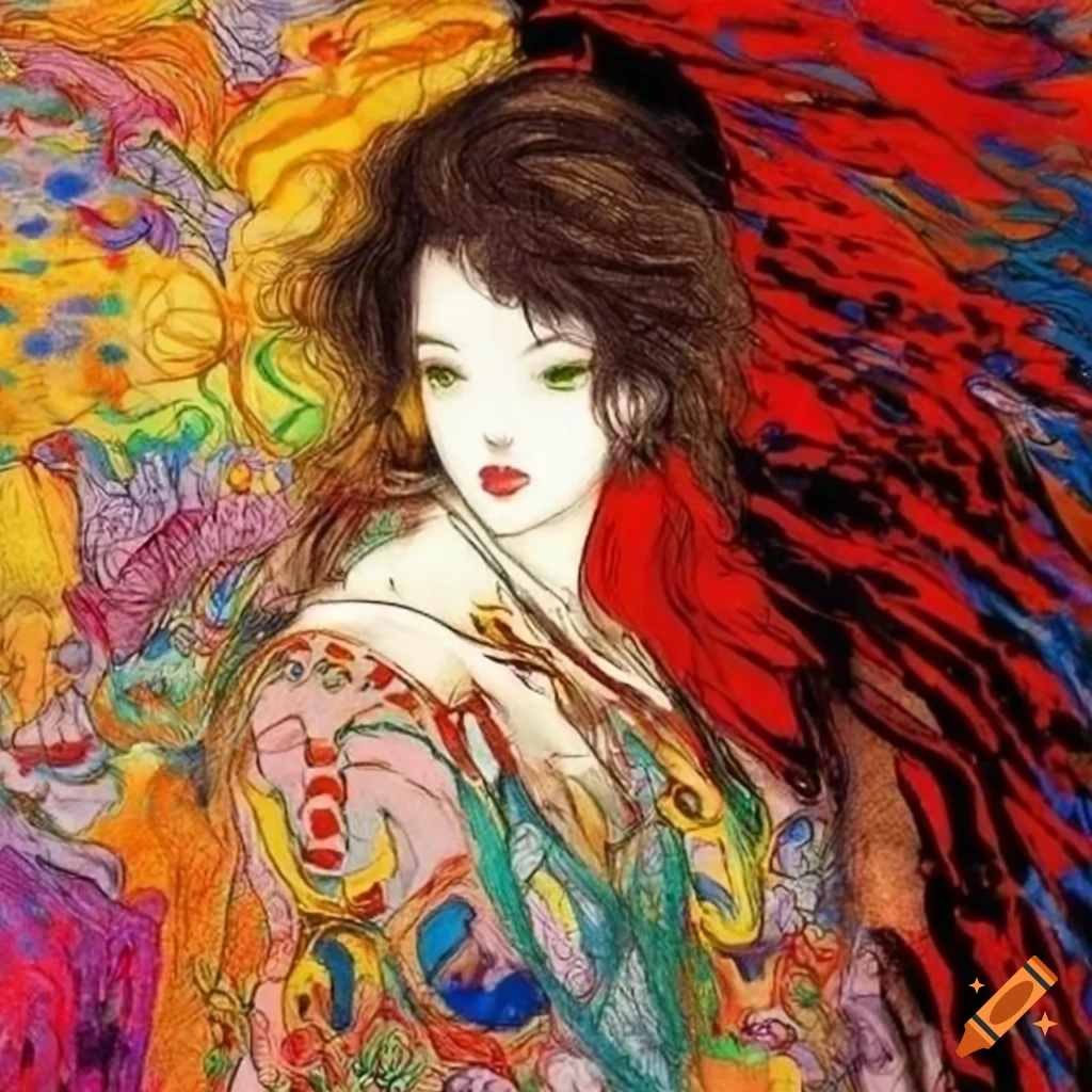 Portrait of YOSHITAKA AMANO in anime and Huichol Yarn style on Craiyon