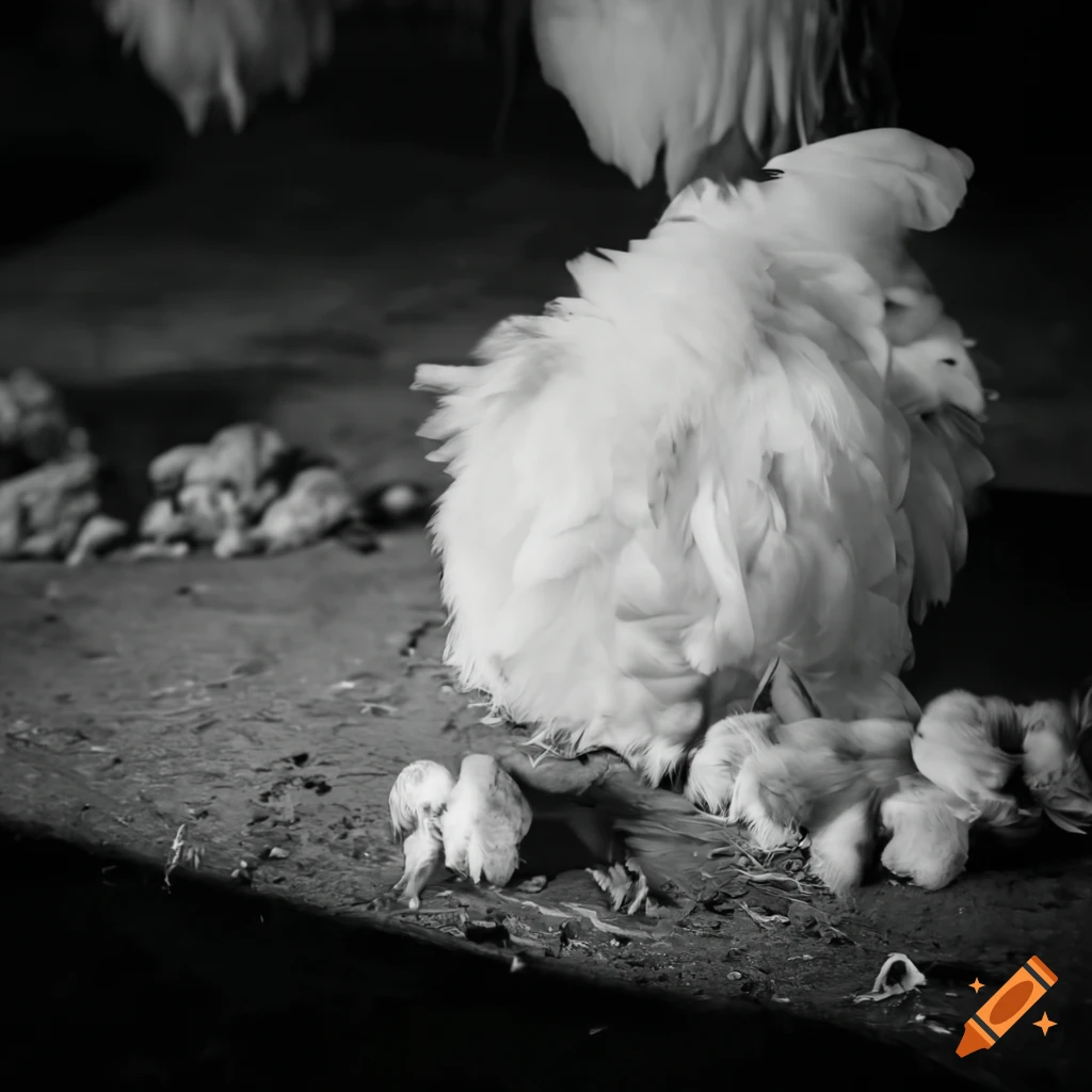 Furry white chicken shadow monster surrounded by small chickens and ...