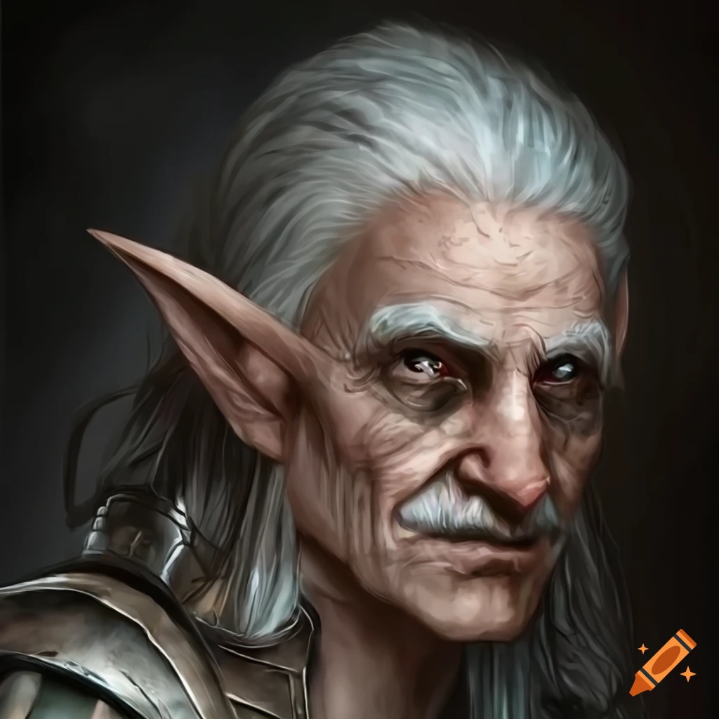 Old male elf with black hair, mismatched eye color, and pale grey skin in leather armor on Craiyon