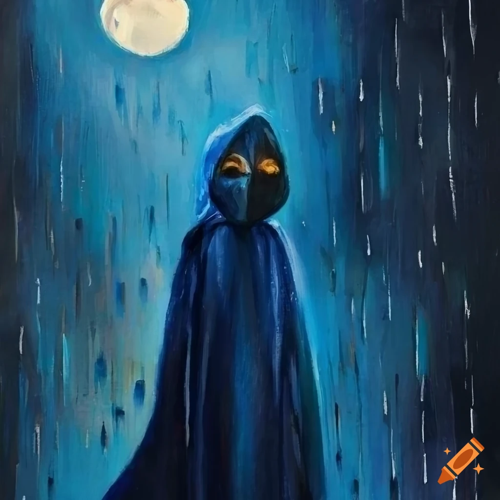 Small human with a blue cloak and mask in rainy night scene on Craiyon