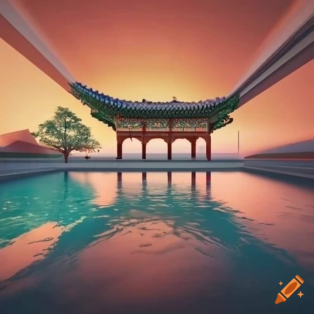 3D rendered architecture living room with computer workspace and pool ...