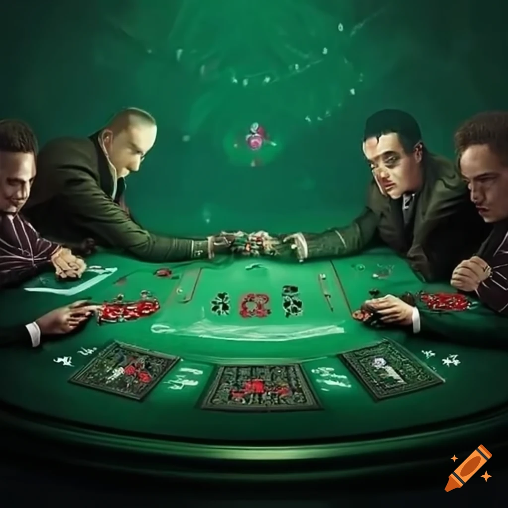 Intense gamblers' atmosphere with a smoky green poker table and poker cards on Craiyon