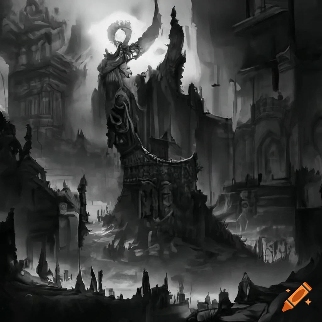 Monochrome mural of epic magic armageddon in fantasy art on Craiyon