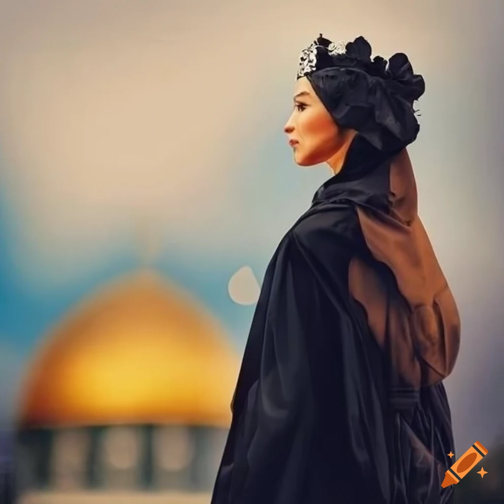 Turkish princess with black jacket in front of Al Aqsa Mosque on Craiyon