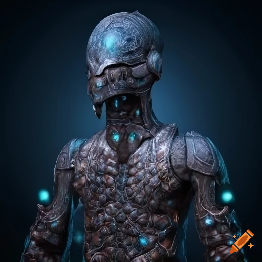 High definition Lovecraftian cosmic chest armor in 3D rendering on Craiyon