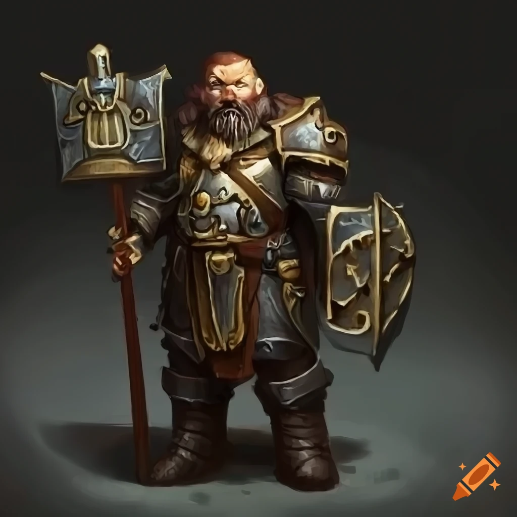 Elder male dwarf cleric in heavy armor with a Warhammer on Craiyon