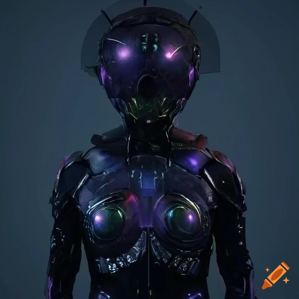 Sleek 3D rendered Lovecraftian cosmic power armor chest on Craiyon