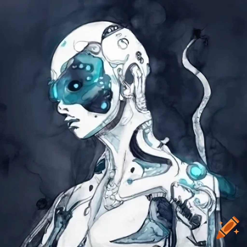 Cyborg man in white high-tech bodysuit with light cyan hair, inspired ...