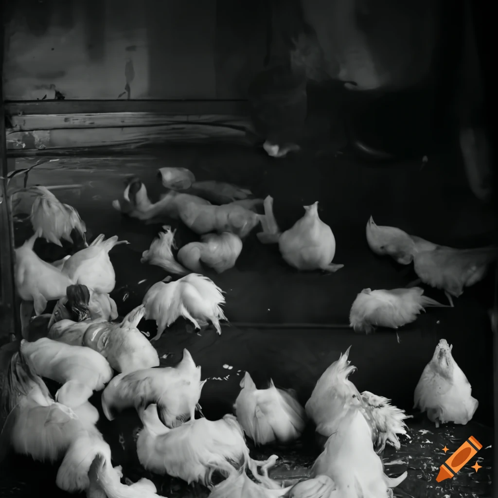 Jelly fungus chicken surrounded by swarm of small chickens in a market ...