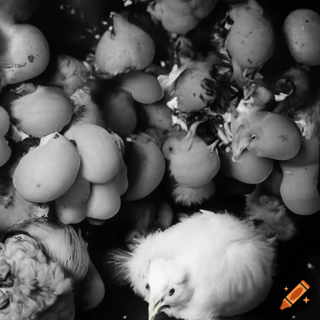 Jelly fungus chicken surrounded by monstrous chickens and trash in 1960 ...