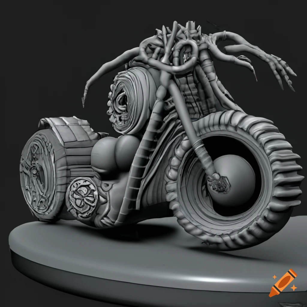 3D lovecraftian motorcycle in a Jim Burns solarpunk style on Craiyon