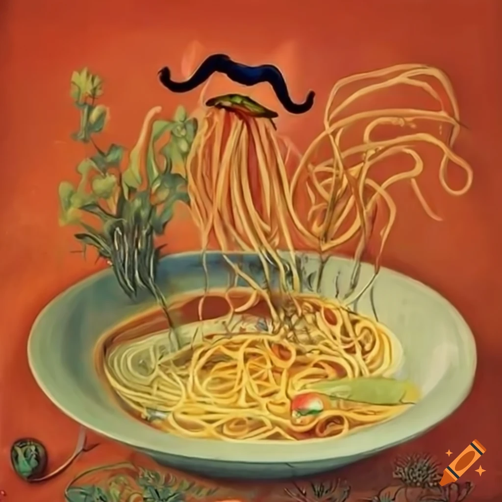 Surrealistic painting of spaghetti bowl with mustache in a bizarre ...