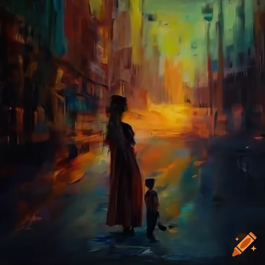 Replicant's dream: woman and kid walking hand in hand under cinematic ...