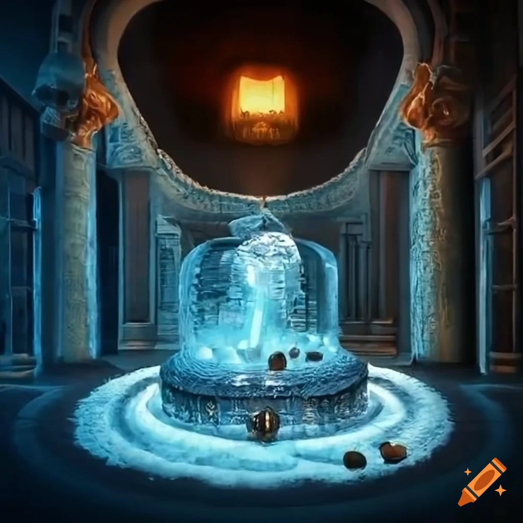 Room in the infinity castle with ice snake sculptures and a giant snake ...