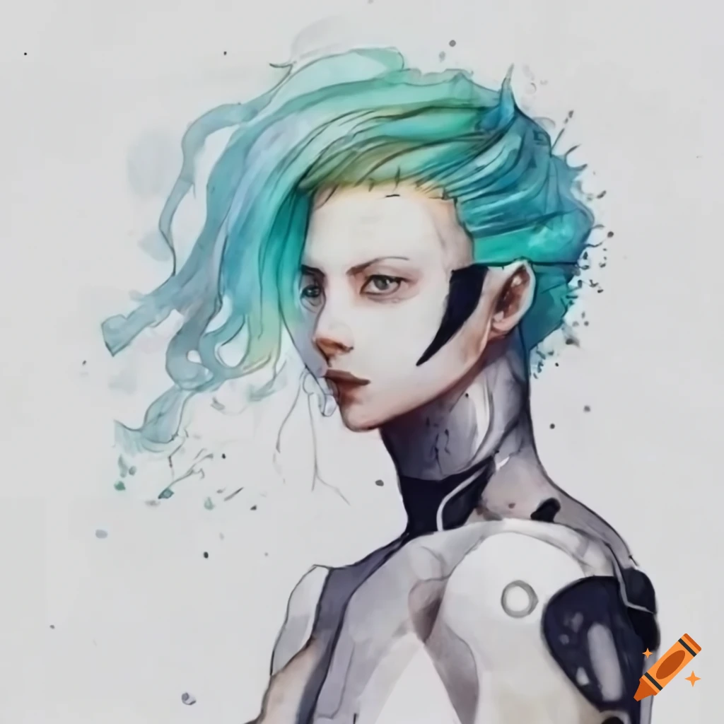 Young man cyborg in high-tech bodysuit with light cyan hair, inspired ...