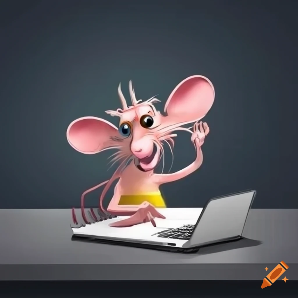 Cartoon rat coding on laptop with a beer on the table on Craiyon