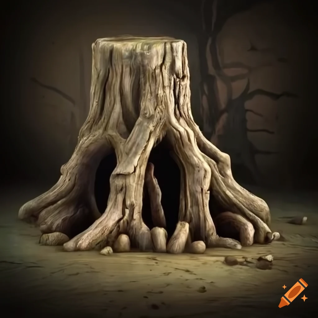 Fantasy ancient stump with intricate twisted roots and holes underneath ...