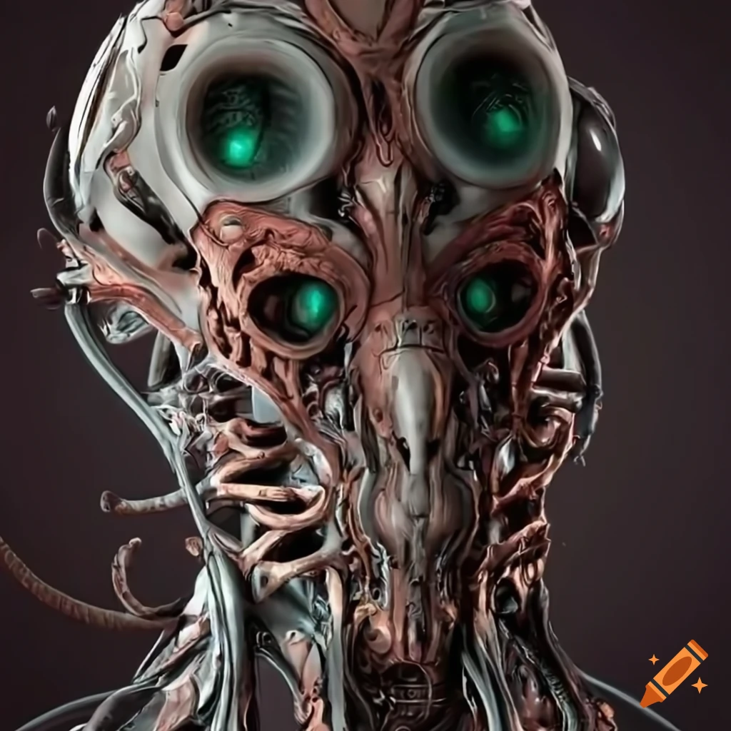 Biomechanical cyborg head with tentacles in a 3D rendering on Craiyon