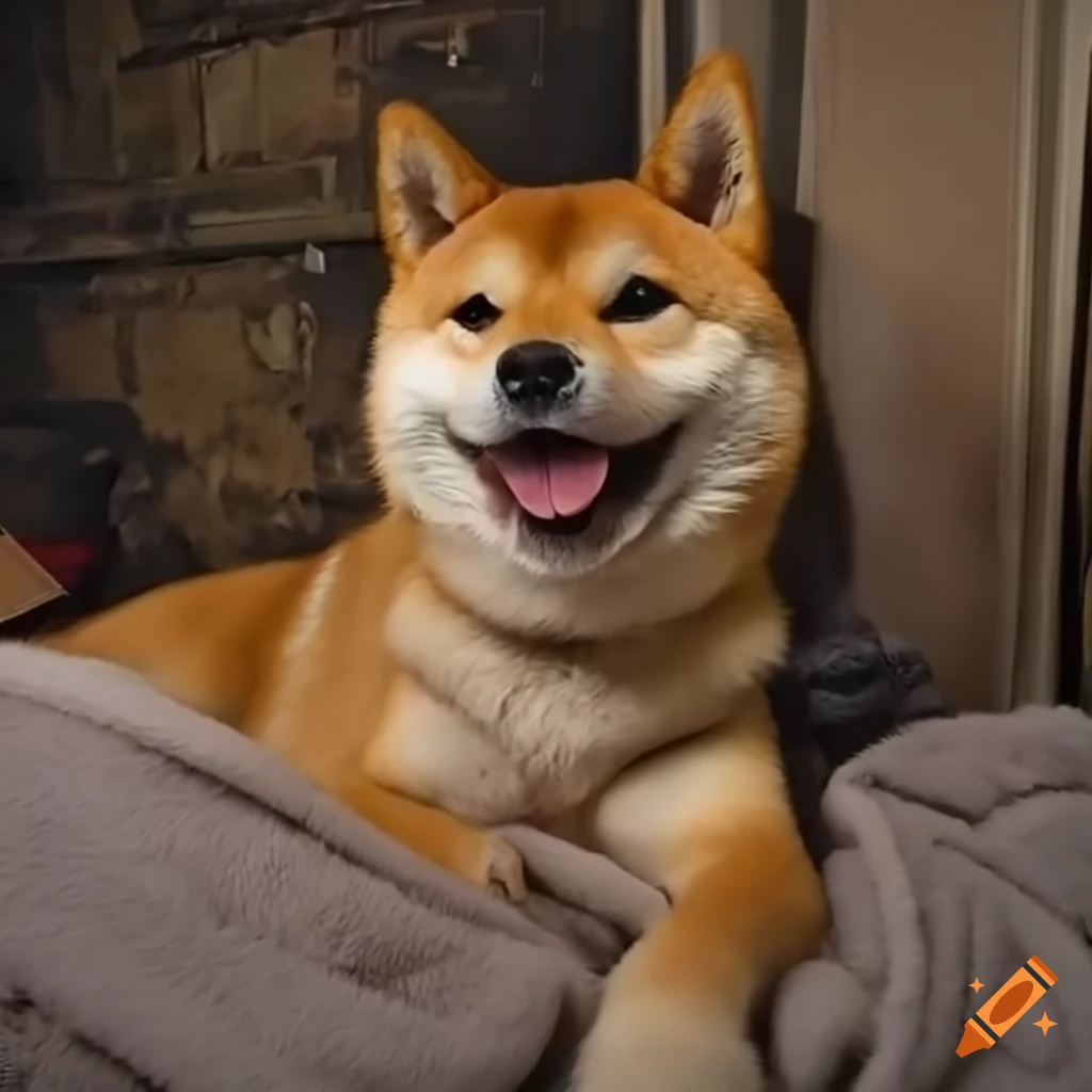 Cursed Shiba Inu covered in a blanket in a dark basement on Craiyon