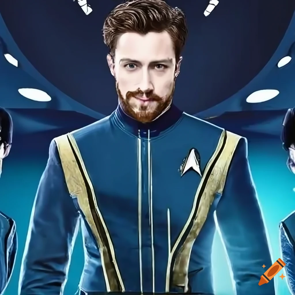 Starfleet Captain Aaron Taylor-Johnson in vibrant action movie poster art on Craiyon