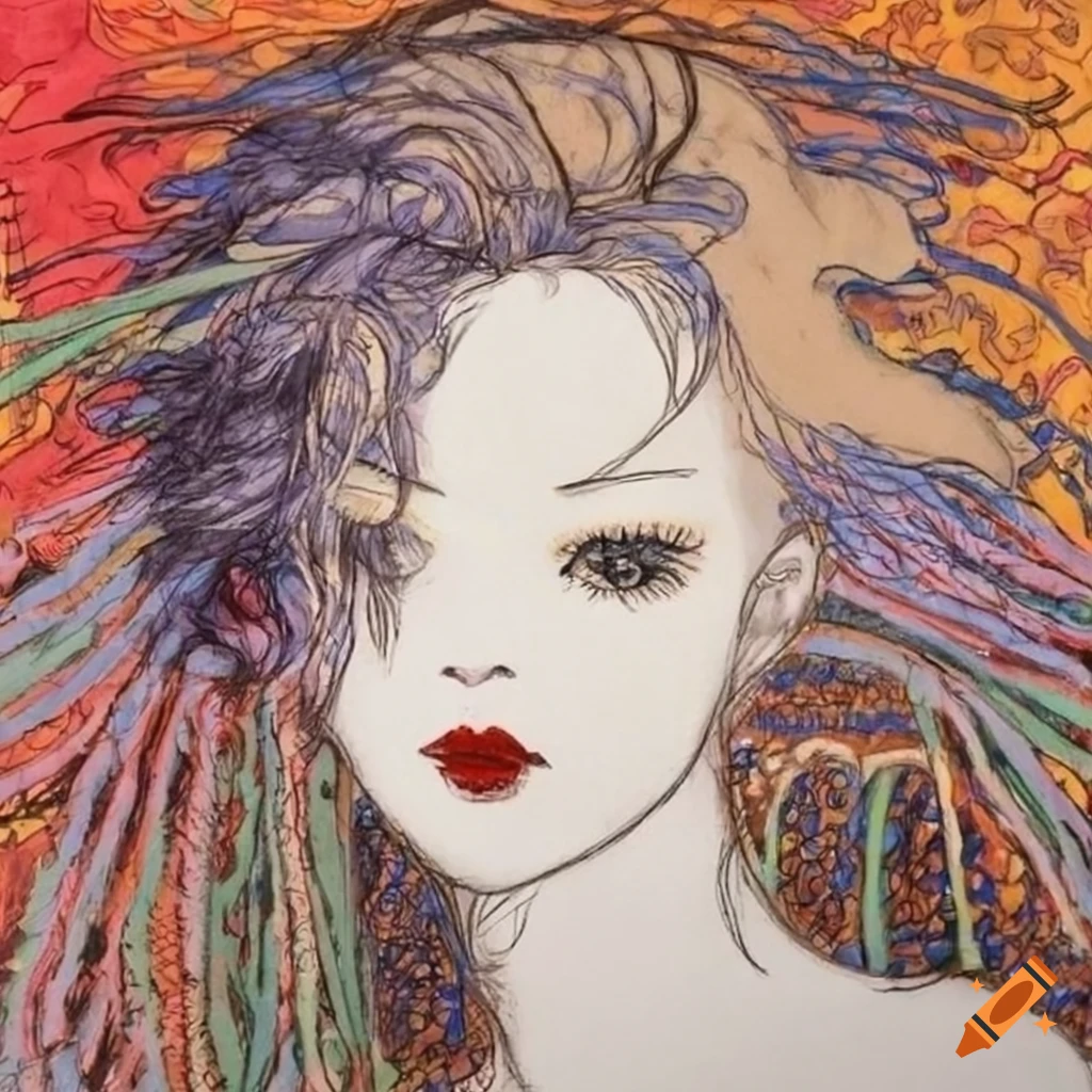 Portrait of yoshitaka amano in anime and huichol yarn style on Craiyon