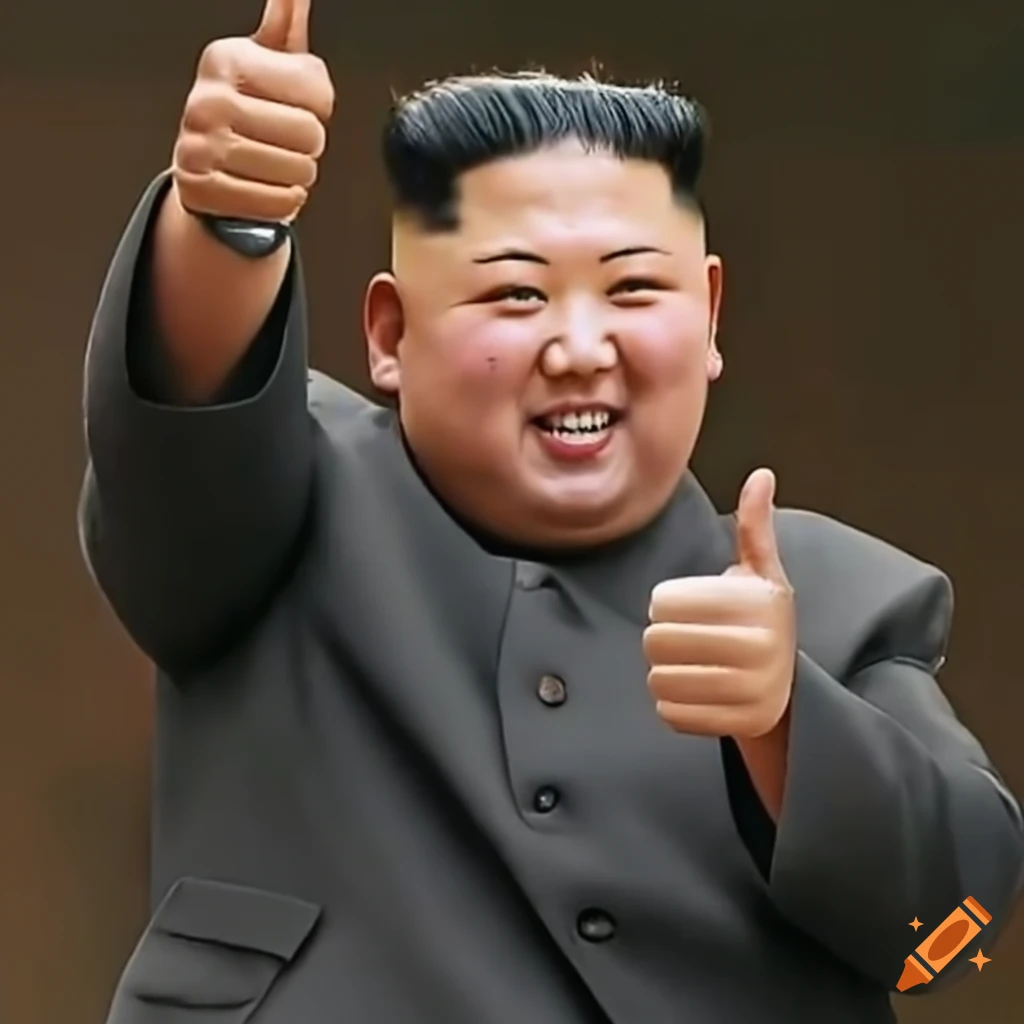 Kim jong-un giving a thumbs-up gesture and looking happy on Craiyon