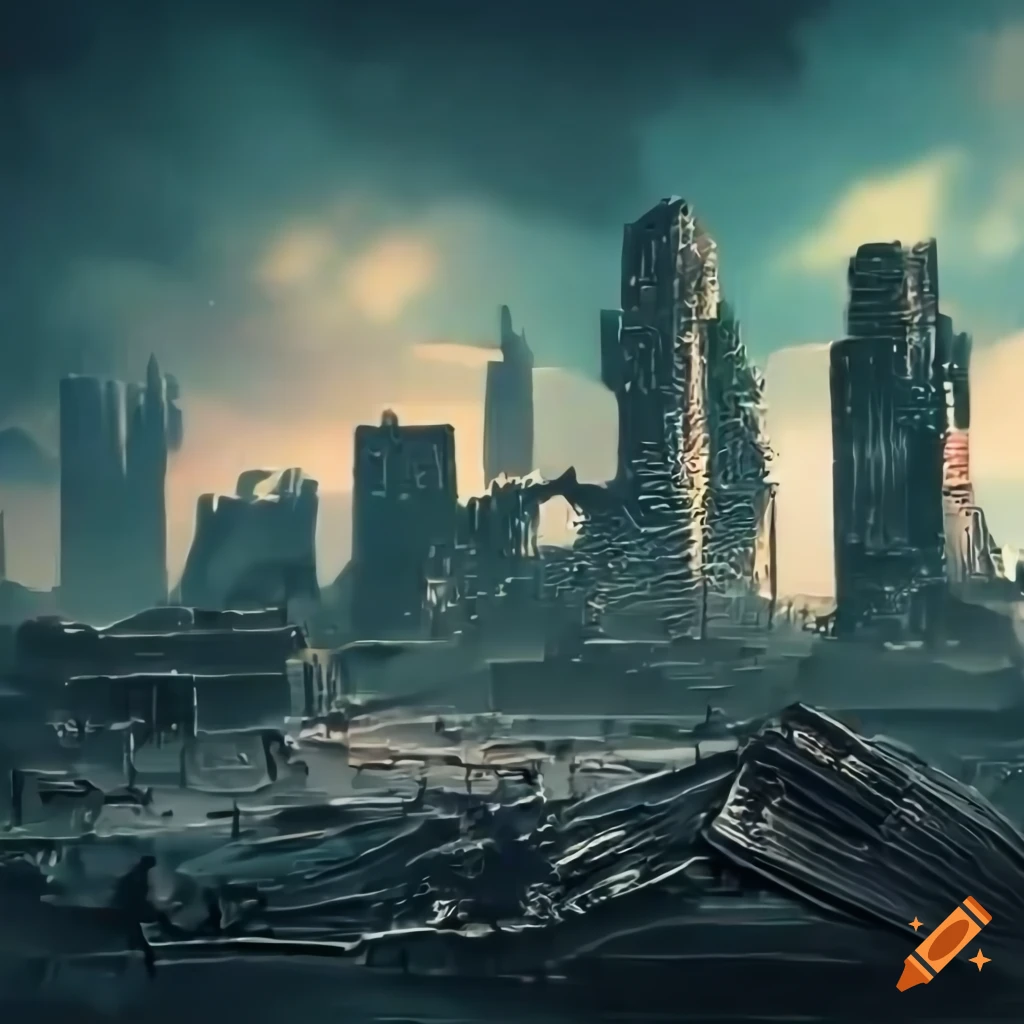 Destroyed city at sunset in a post-apocalyptic future on Craiyon