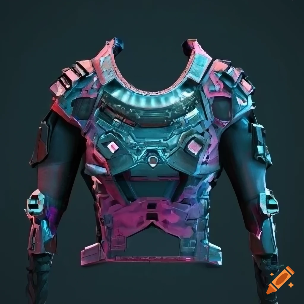 Sleek 3D rendered Lovecraftian cyberpunk chest armor on Craiyon