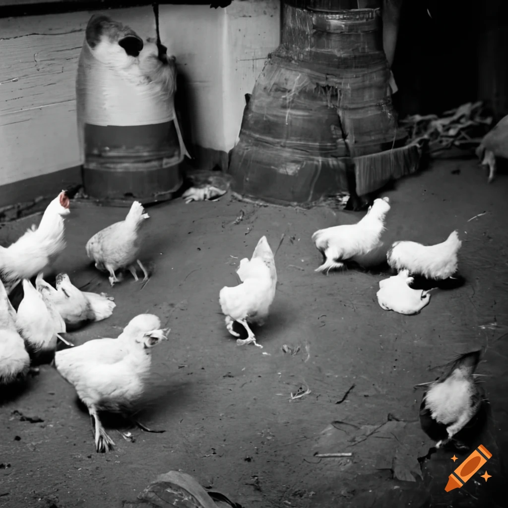Furry white chicken with small cluster chickens in an airport hall in ...