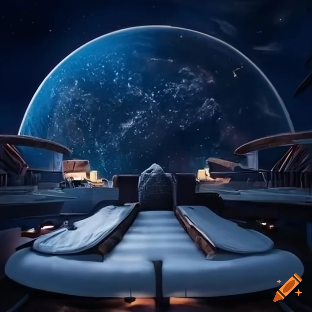 Extravagant space station resort with luxurious accommodations on Craiyon