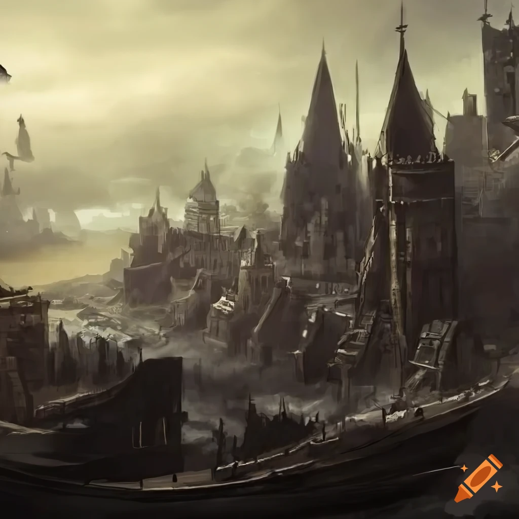 Aerial view of a grimdark medieval city with a port in digital concept ...