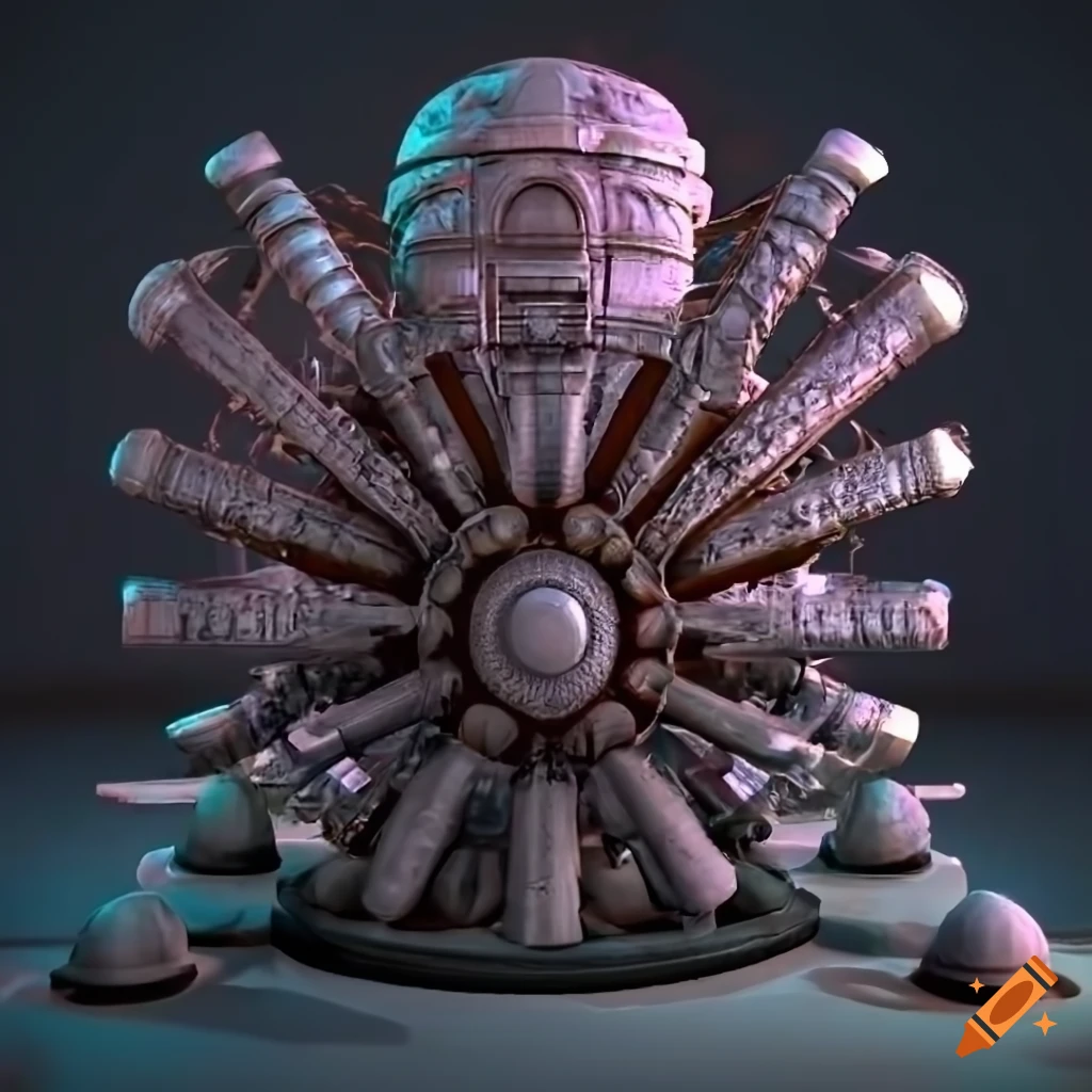 Detailed 3D model of a Lovecraftian ion-powered engine on Craiyon