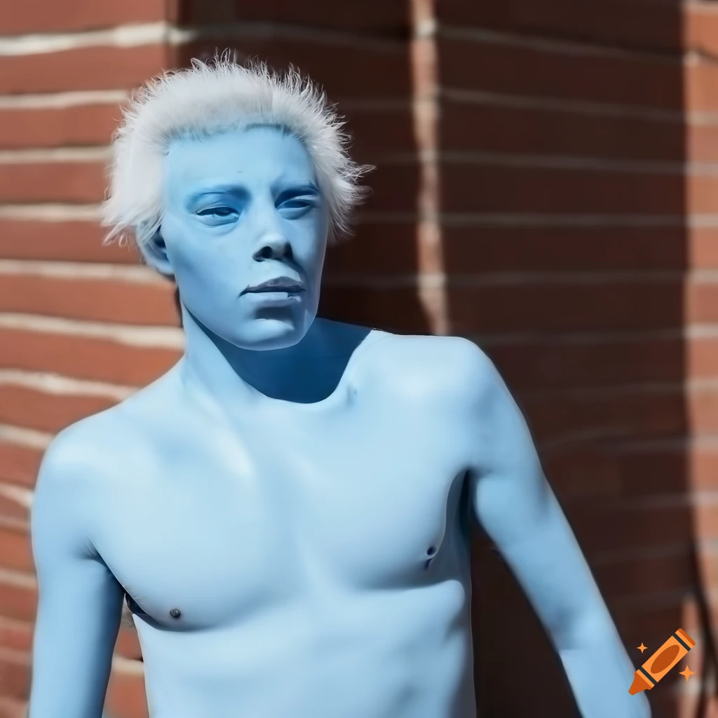 Blue-skinned humanoid man with wavy white hair standing on a sunny ...