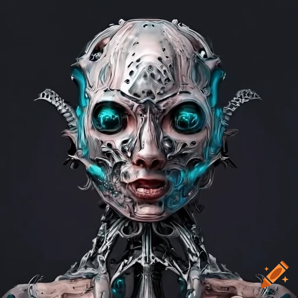 Gothic biomechanical cyborg head with tentacles in 3D rendering on Craiyon