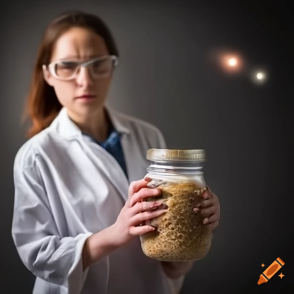 Female scientist with sourdough starter in a jar on Craiyon
