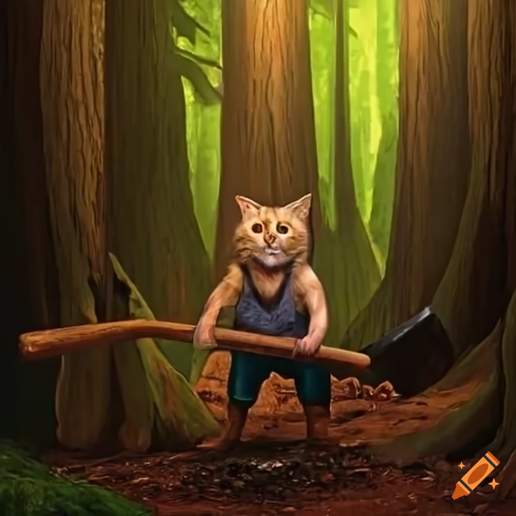 Burly cat lumberjack wielding an axe in a redwood forest on Craiyon