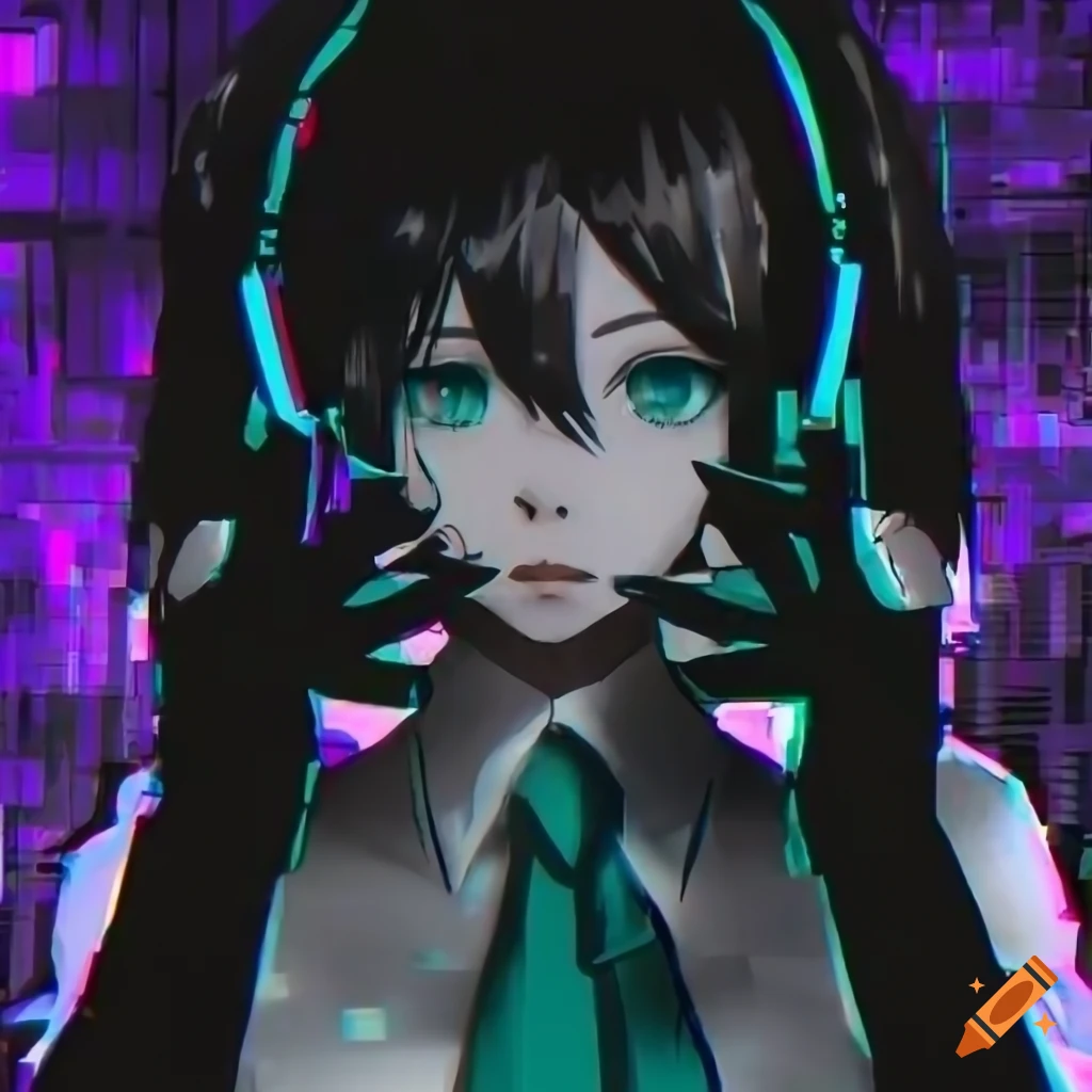 Vocaloid hatsune miku in glitch art breakcore album cover design on Craiyon