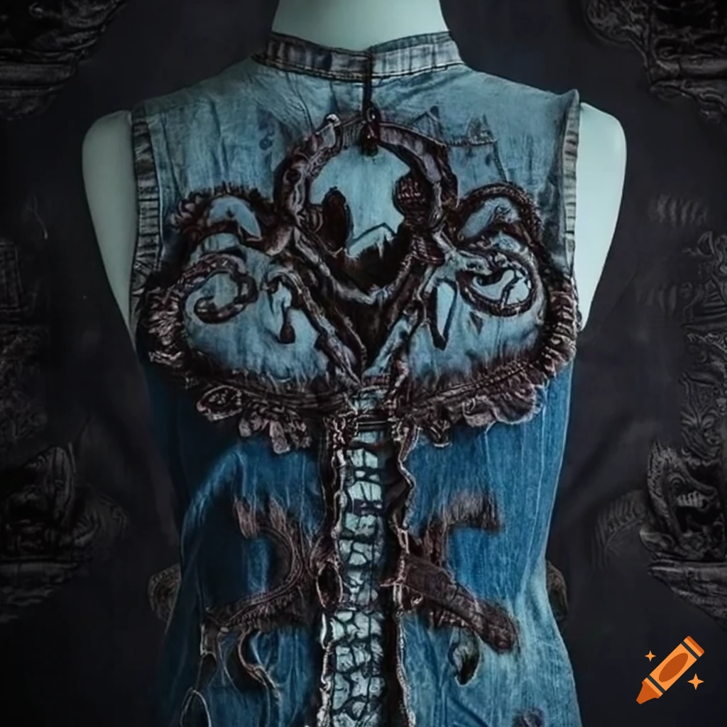 Denim vest with Lovecraftian monster motifs and gothic designs on Craiyon