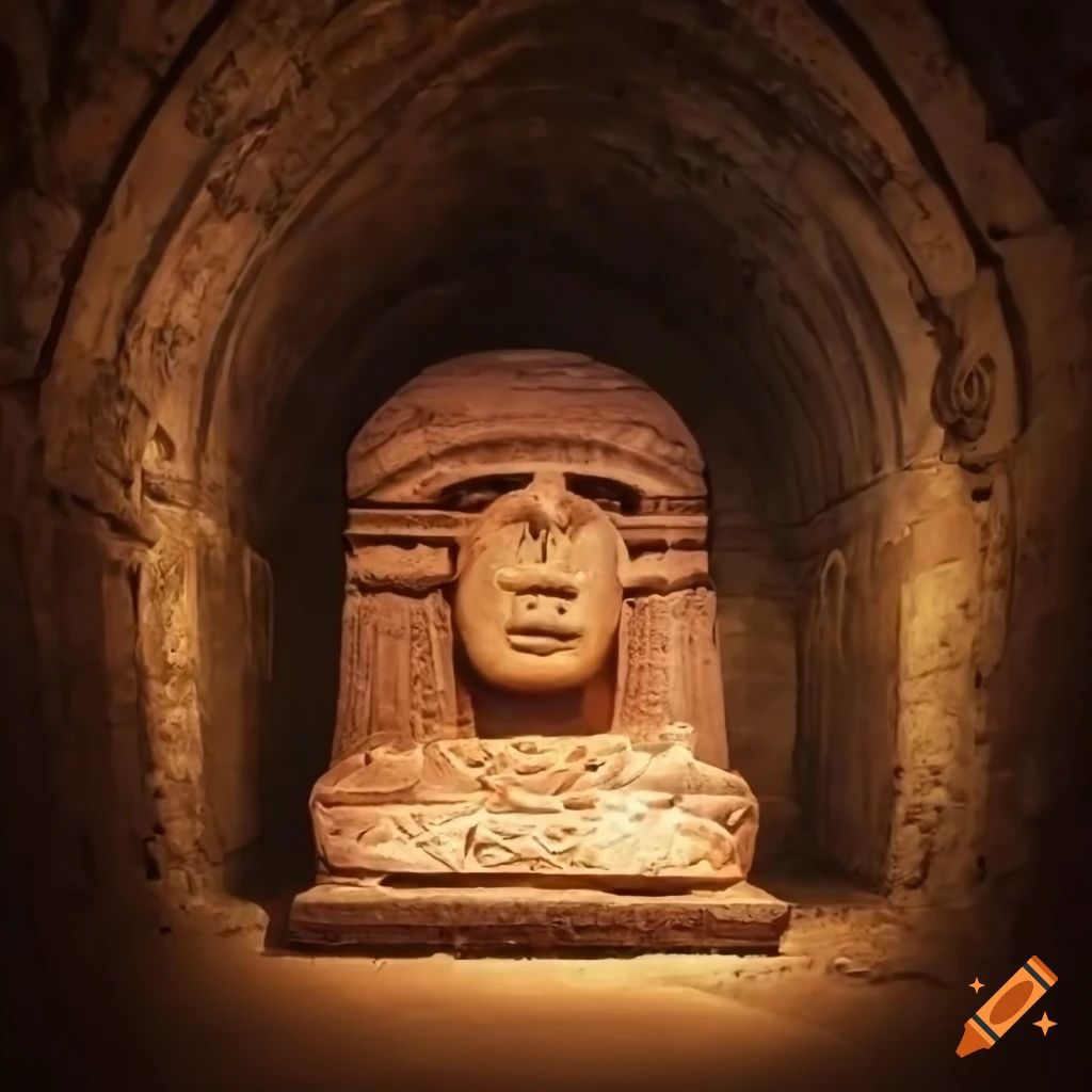 Ancient stone sarcophagus in a dimly lit crypt chamber on Craiyon