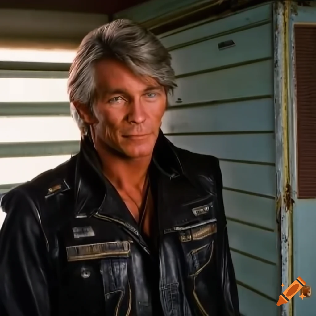 Young man in outlaw biker style outfit standing in a doorway on Craiyon