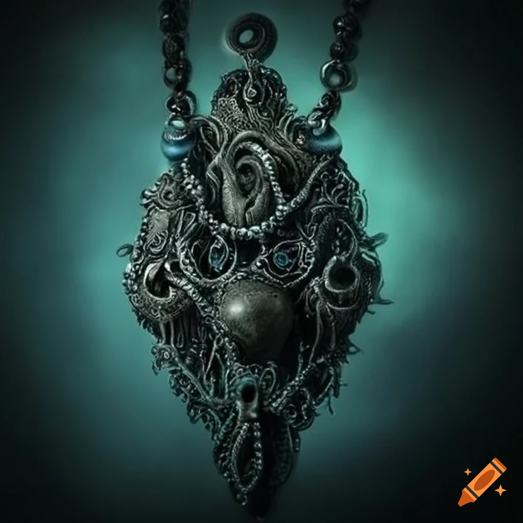 Intricate necklace with lovecraftian mythical creatures on Craiyon