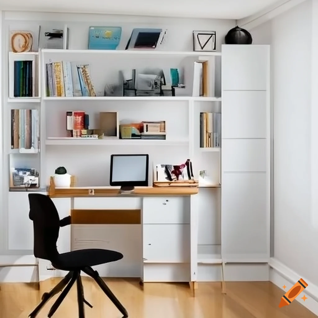Compact study room with white walls and a large desk on Craiyon