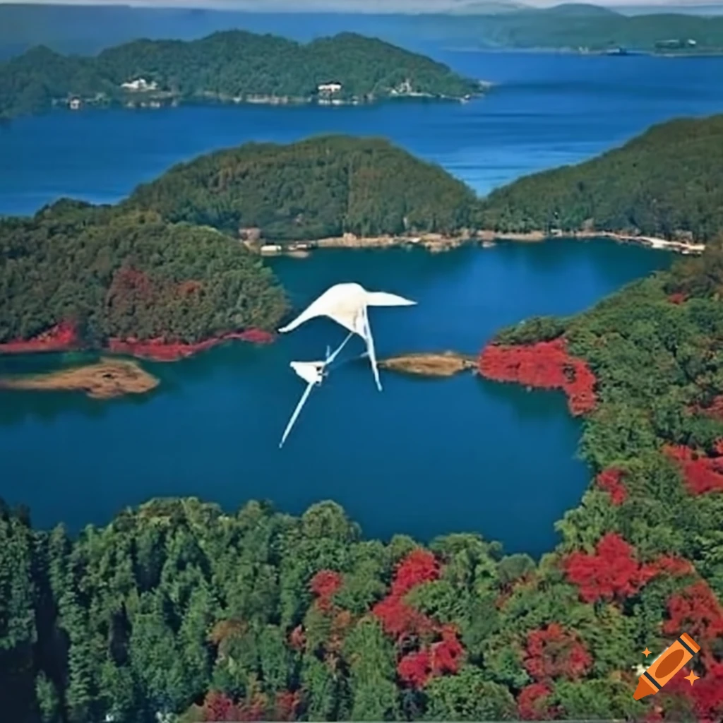 Red and white filiform structures flying over Japanese countryside with ...