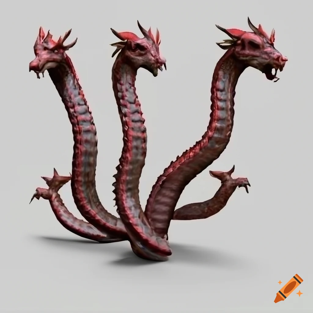 3D three-headed hydra on white background in old style on Craiyon